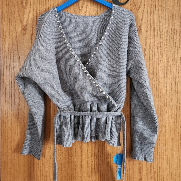 Cupshe | Sweaters | Belted Grey Faux Pearl Trim Sweater | Poshmark